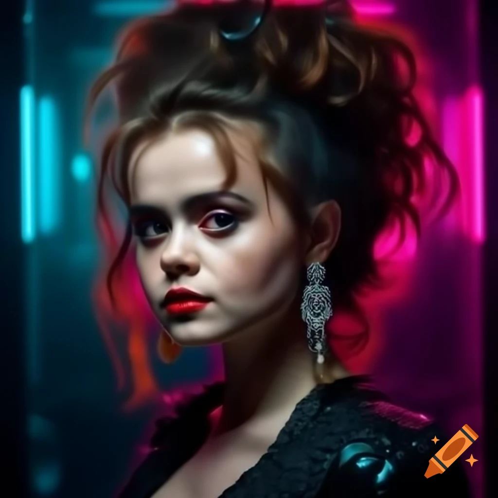 Hyper-realistic close-up of Helena Bonham Carter as futuristic fashion ...
