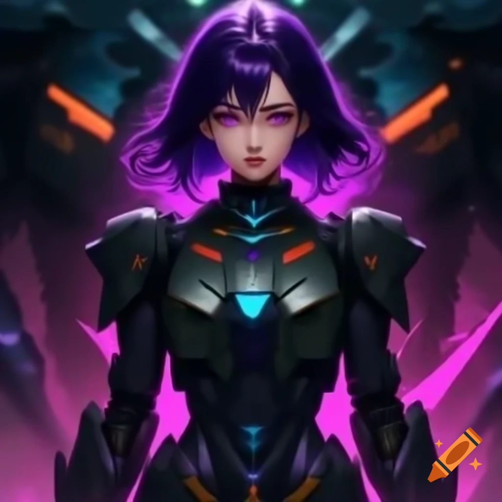 Anime mecha pilot girl Selene with long dark purple hair in dominant ...