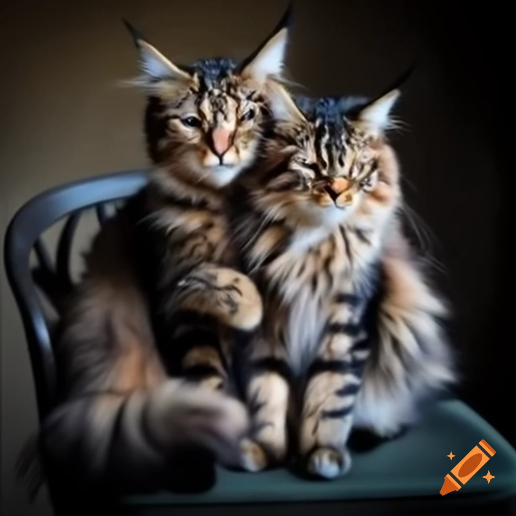 Maine Coon cat cuddling with long-haired cat on a chair on Craiyon