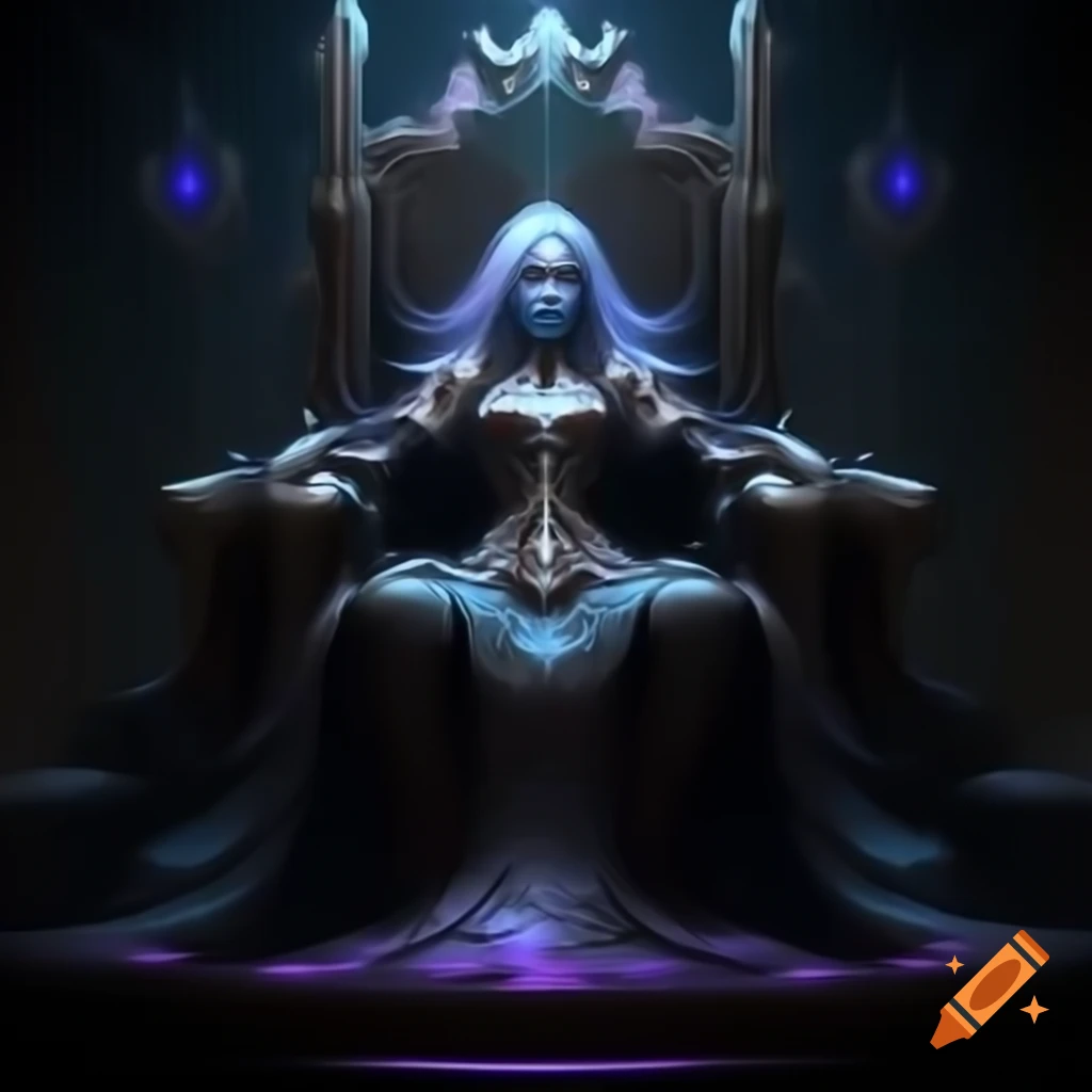 Dark elf mage with violet eyes sitting on bone throne on Craiyon