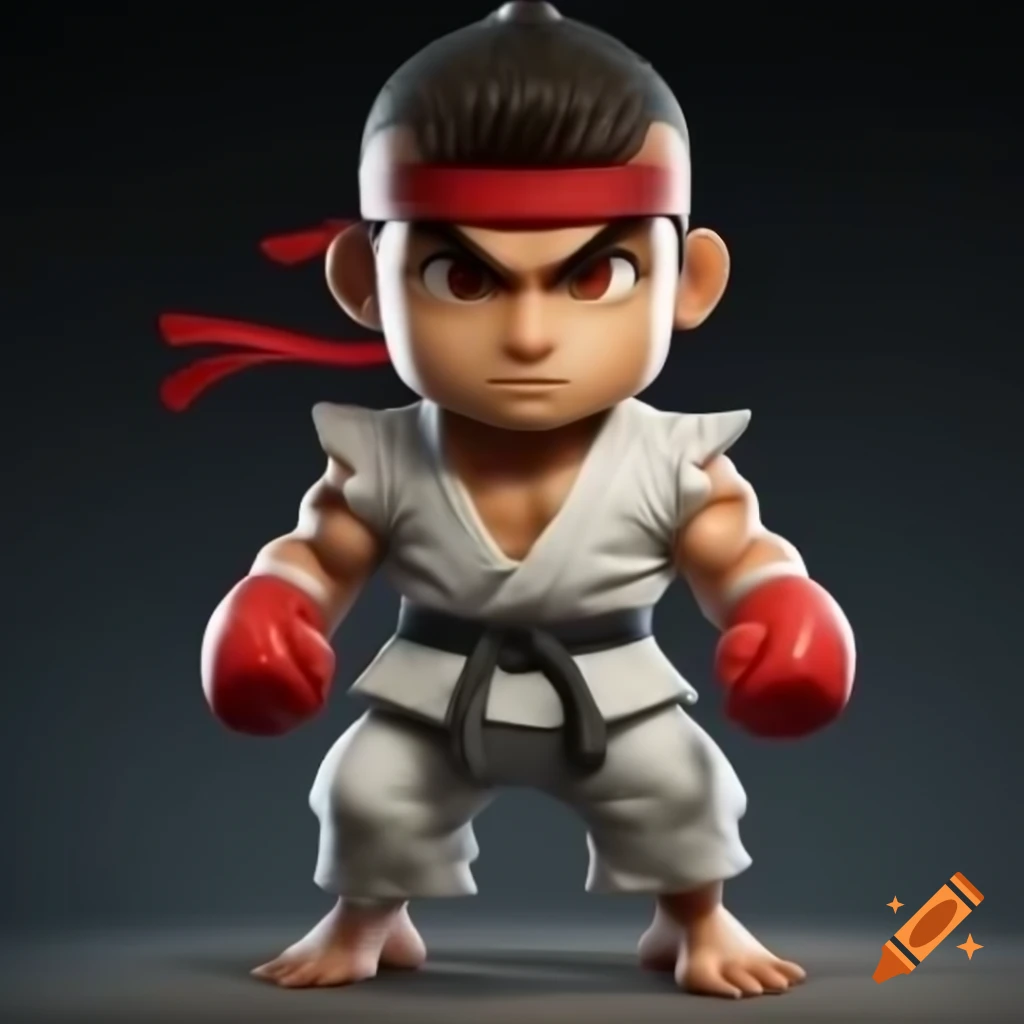 Chibi style Ryu from Street Fighter performing a back flip in 3D perspective on Craiyon