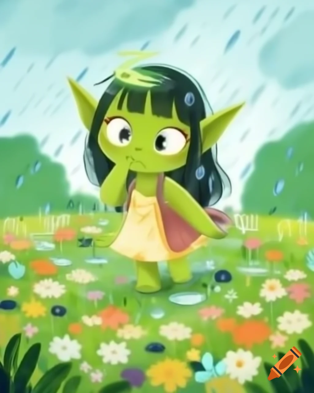 Green-skinned goblin girl in colorful flower field enjoying summer rain ...