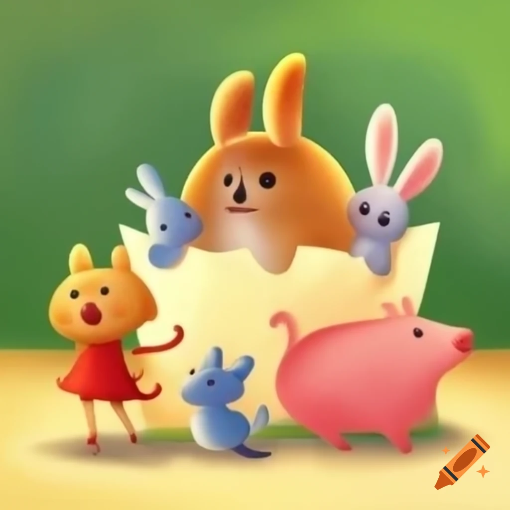 Dog, cat, rabbit, mouse, pig, and bird illustrated together on Craiyon