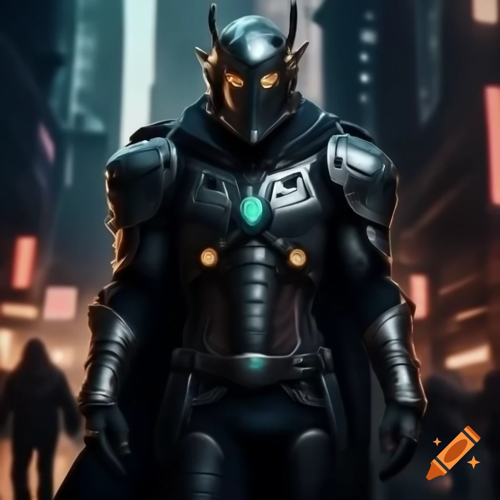 Full-body view of man in cyberpunk-medieval fusion armor with glowing ...