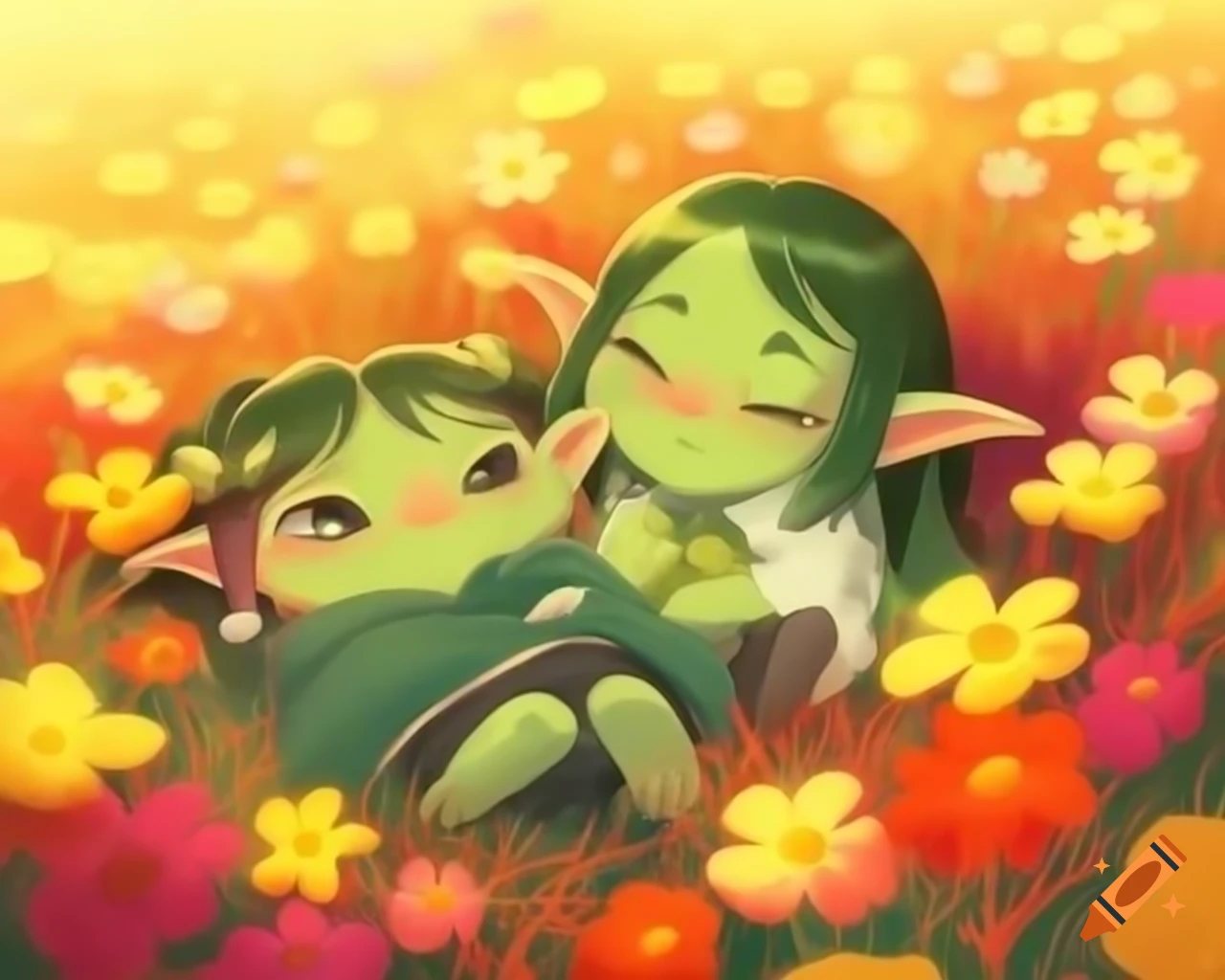 Two green-skinned goblin girls in a colorful flower field, anime style ...