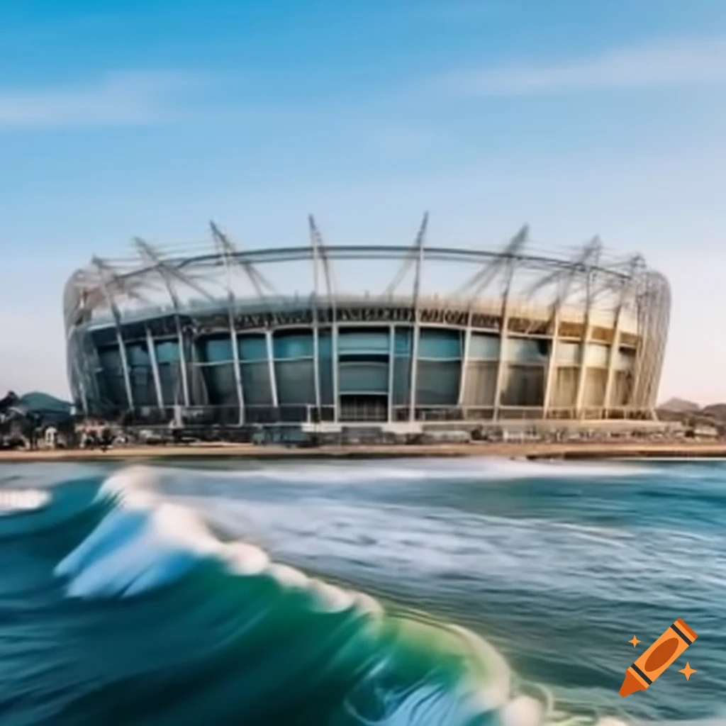 Tennis stadium near beach with waves, featuring on-stadium signage on ...