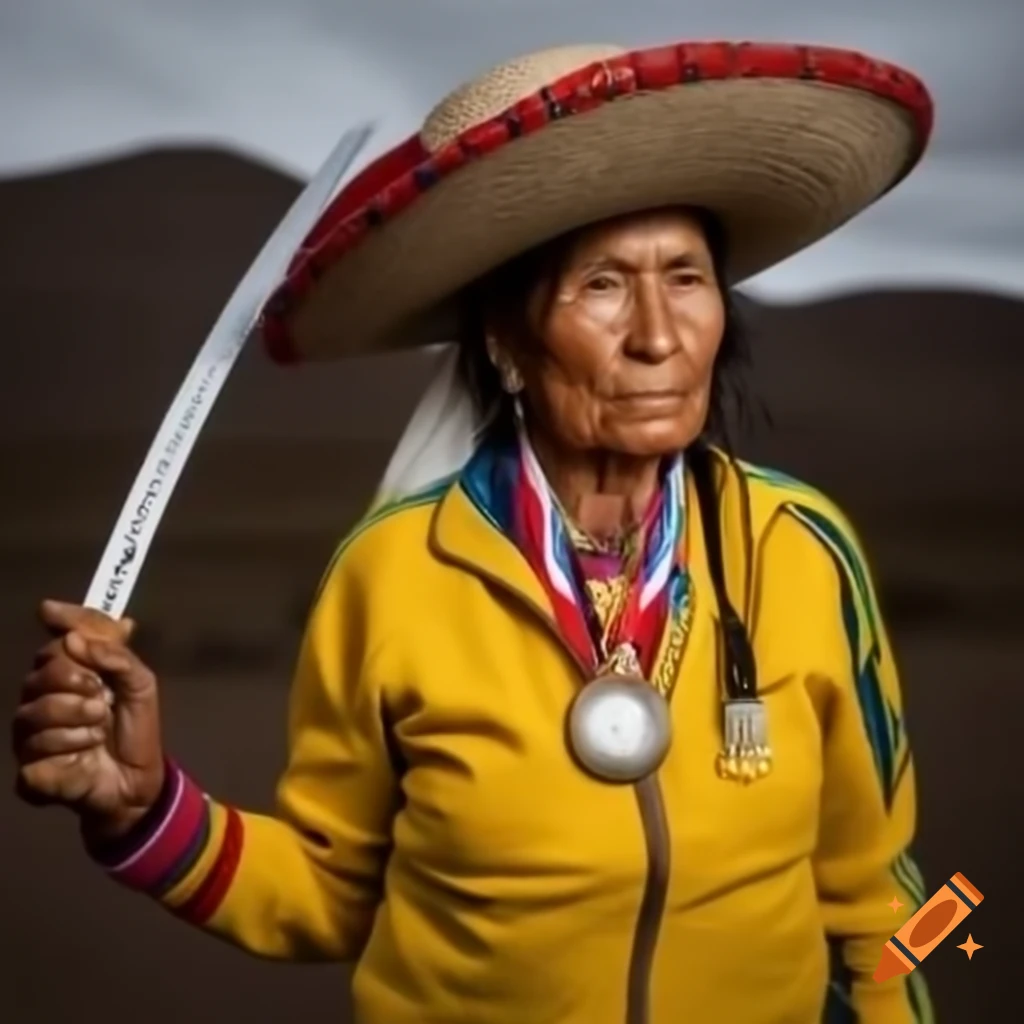 Peruvian woman in traditional hat and yellow track suit holding katana ...