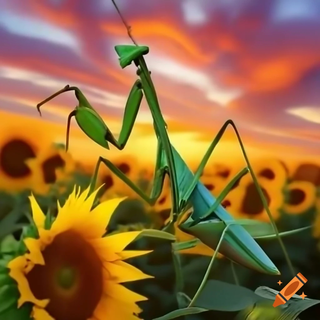 Praying mantis flying over sunflower field during vibrant sunset on Craiyon