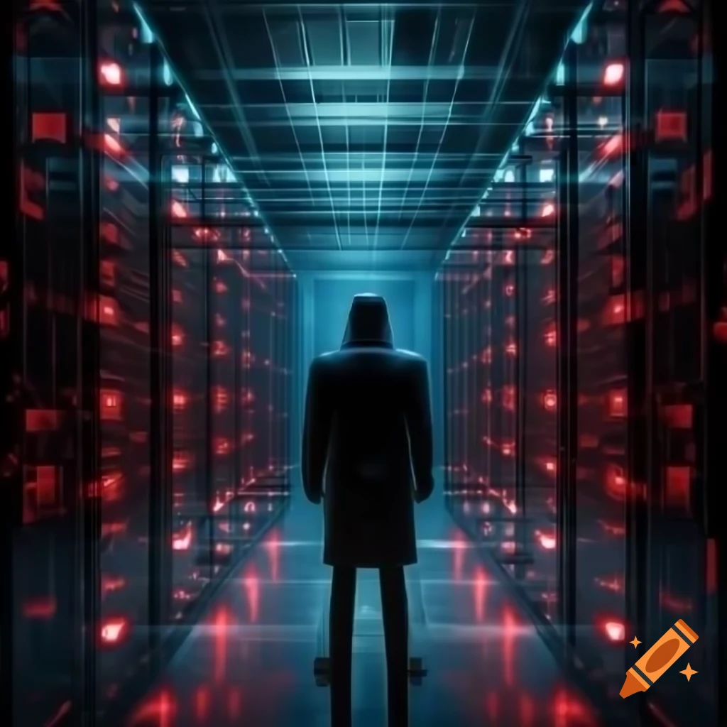 Cybersecurity expert facing digital firewall against hacker threats with binary code on Craiyon