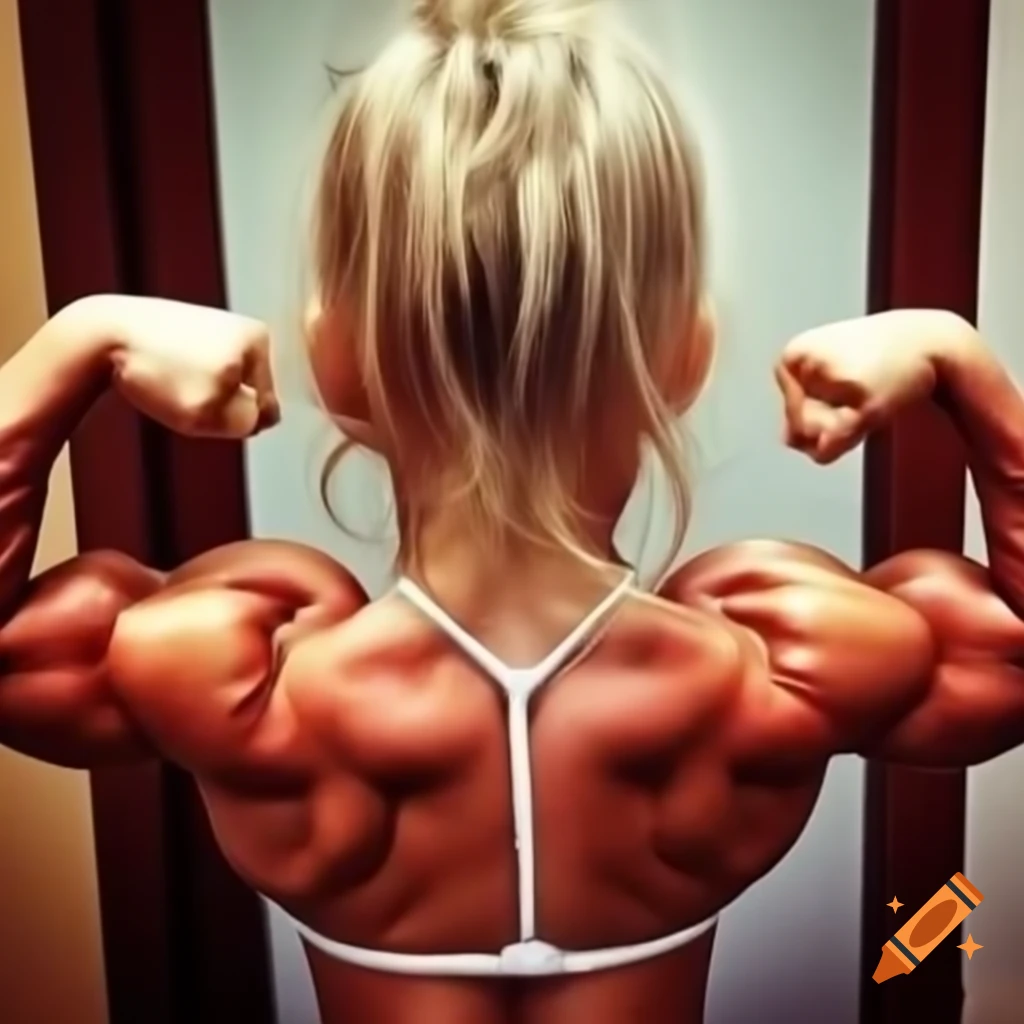 Young female bodybuilder flexing muscles in mirror on Craiyon