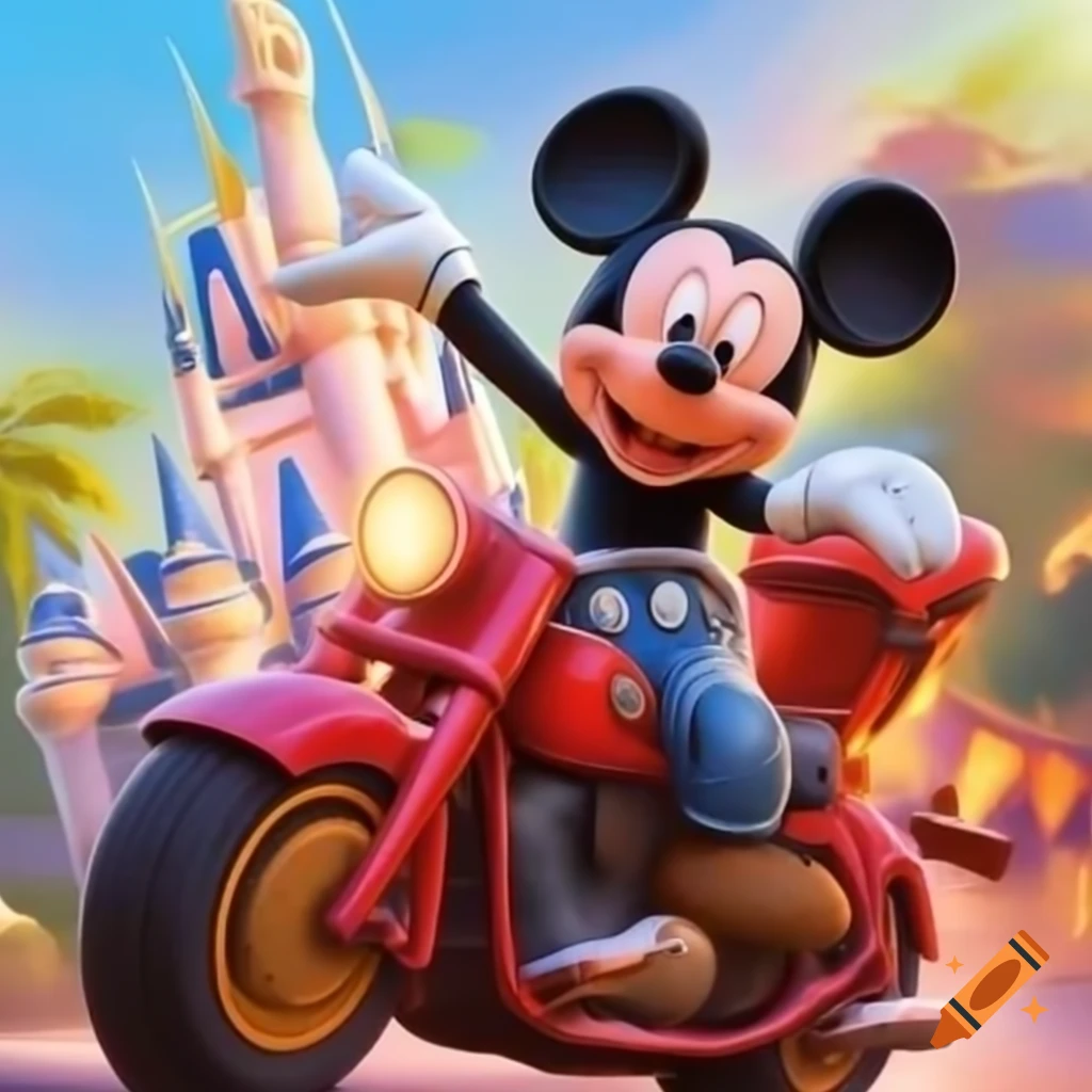 Mickey Mouse riding red motorcycle on vibrant island adventure on Craiyon