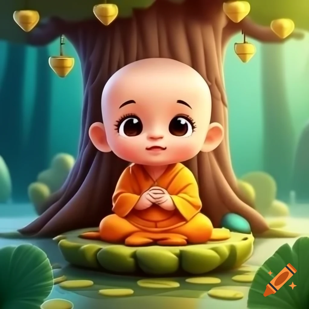 Cute baby monk in yellow robes meditating on lotus under big tree on ...
