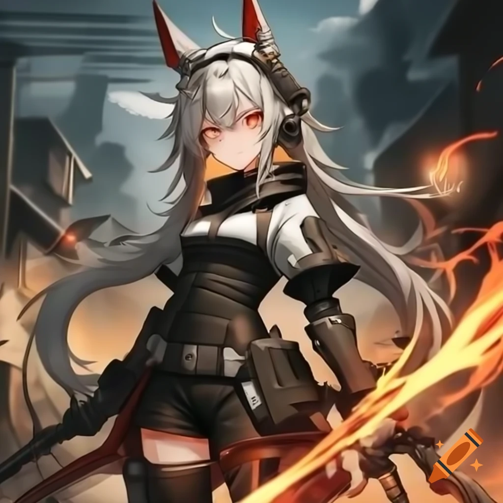 Arknights character in combat outfit on battlefield on Craiyon