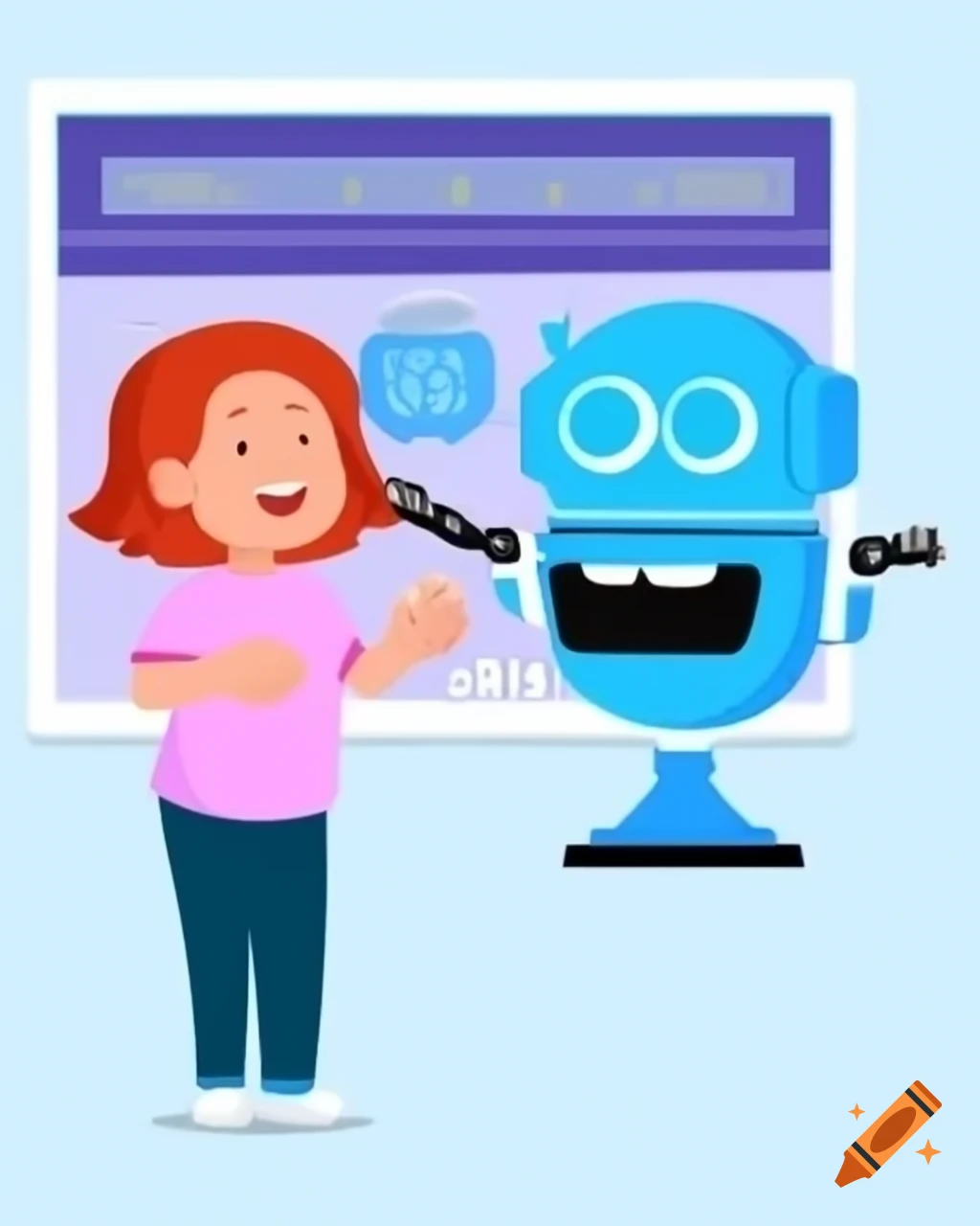 Girl laughing at computer screen displaying a laughing robot face on ...