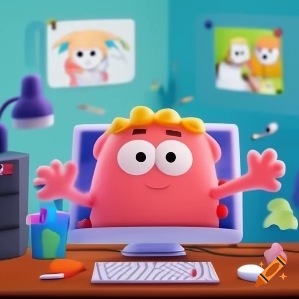 Cartoon character waving from computer desk with monitors, sketches ...