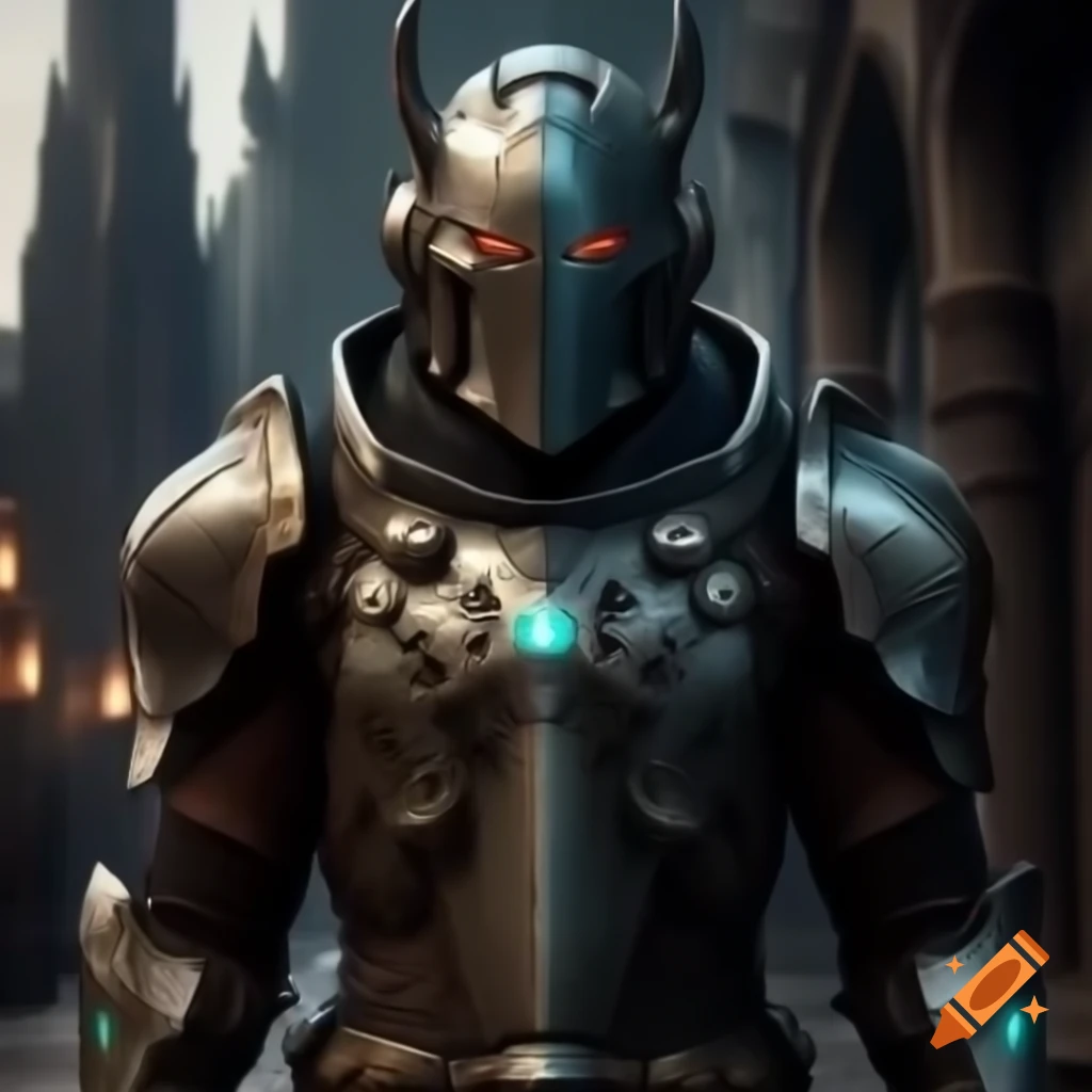 Man in sleek cyberpunk-medieval armor standing in gothic city on Craiyon