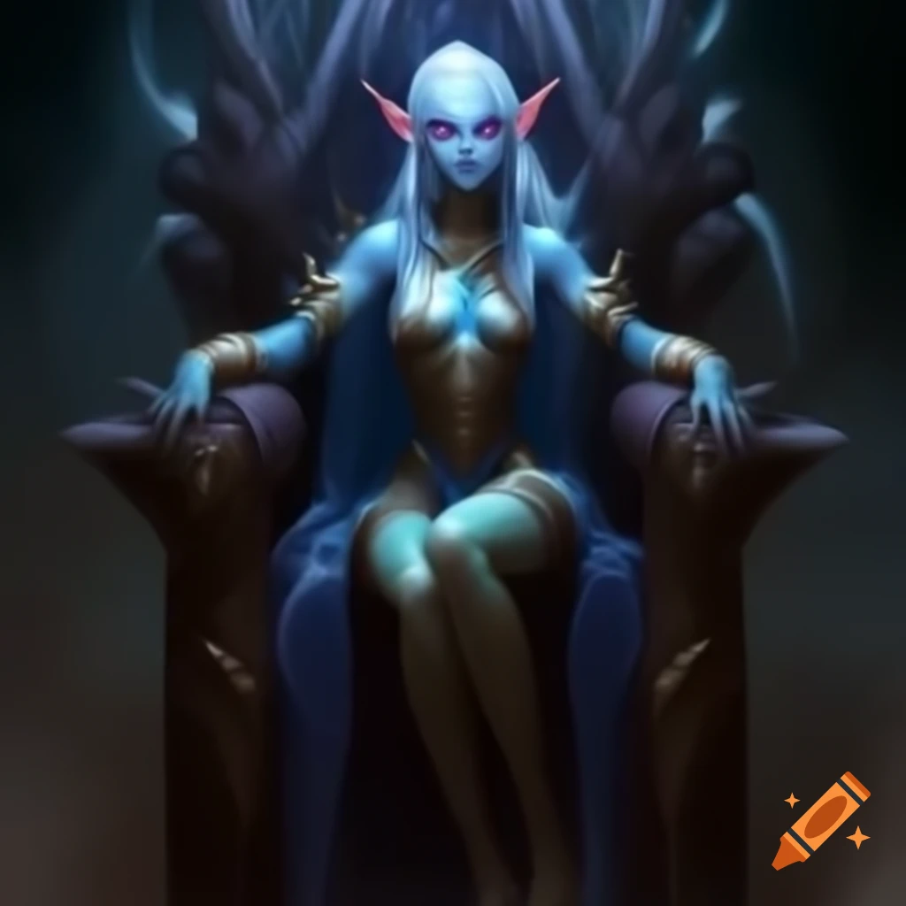 Dark elf mage with six glowing violet eyes on bone throne on Craiyon
