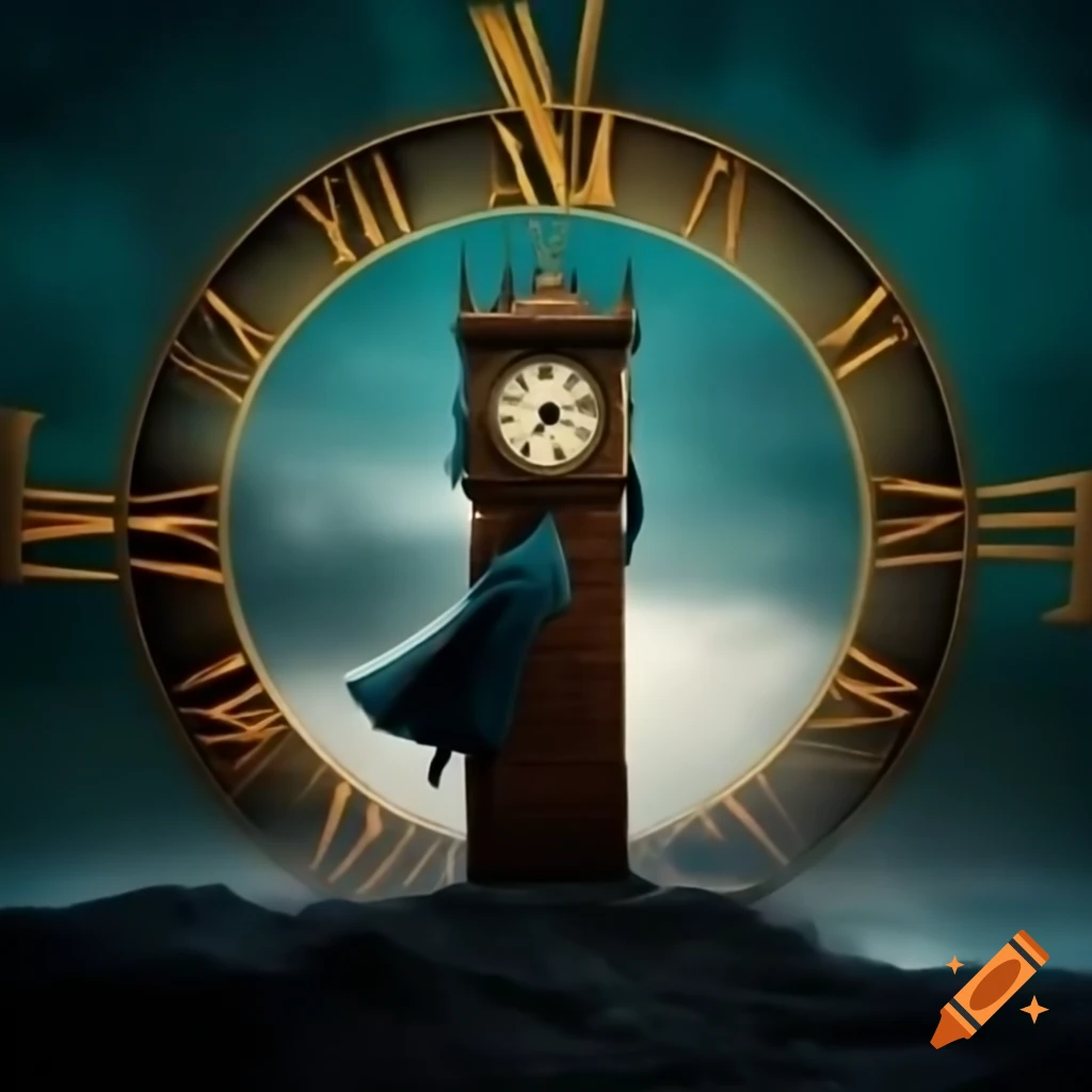 Vintage clock tower split between pristine and crumbling sides with ...