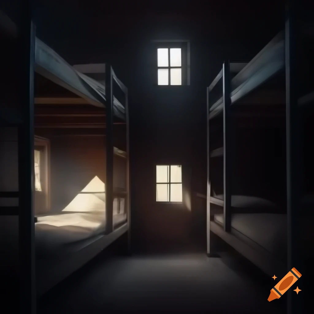 Interior of a dark rundown house featuring bunk beds on Craiyon