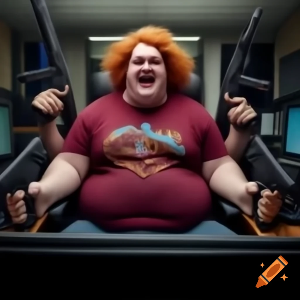 Man with ginger hair in maroon shirt laughing while controlling turret ...