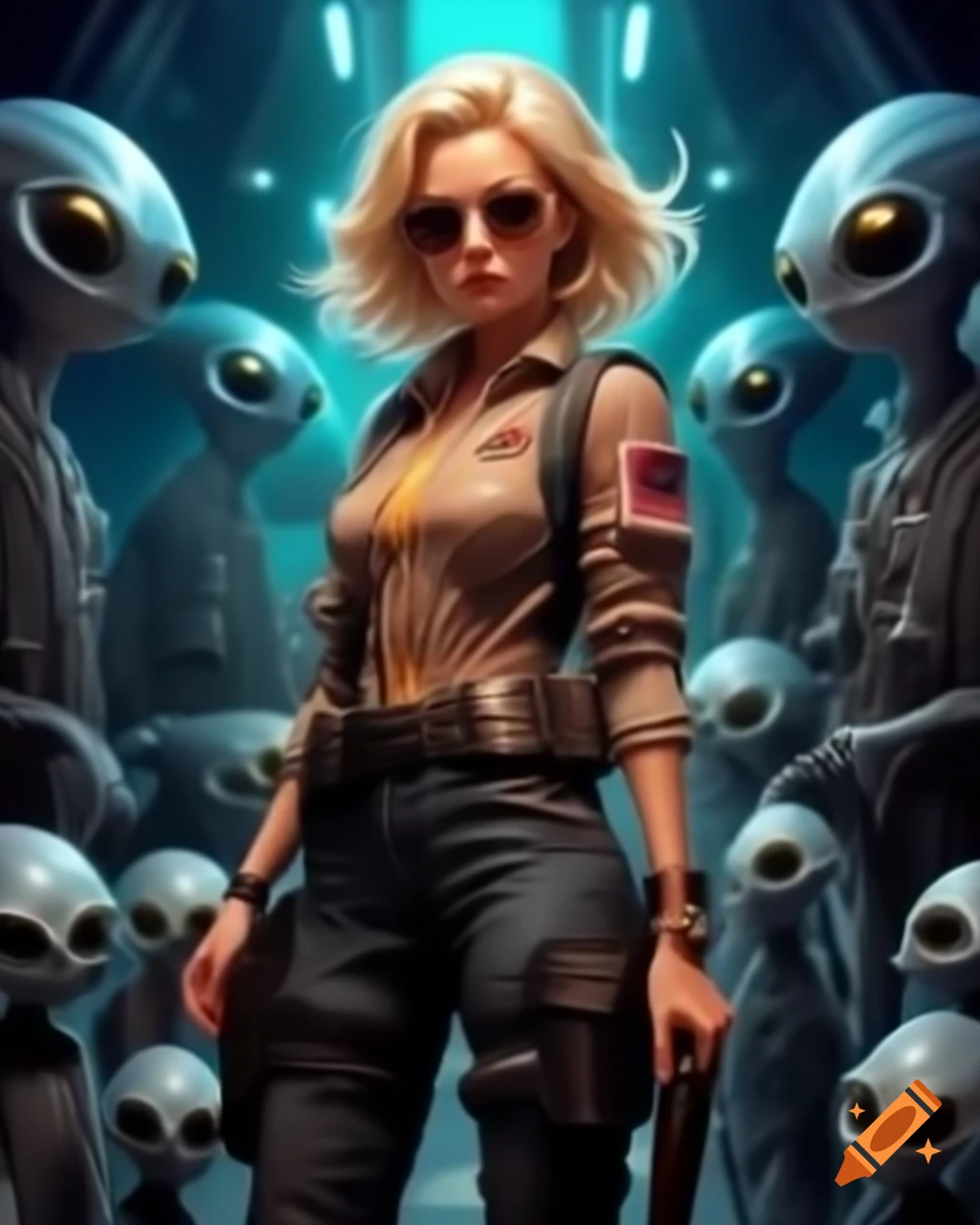 90s anime sci-fi poster with blonde female character and grey aliens on ...