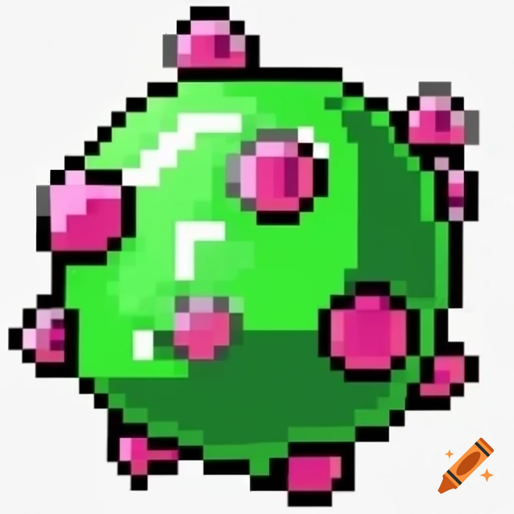 Pixelated green orb with pink details and black outline on Craiyon