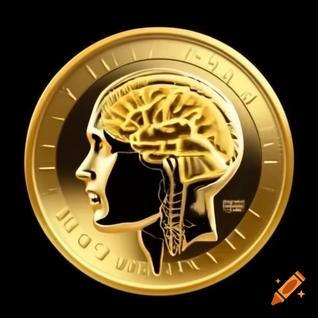 Shiny gold coin featuring human head profile with visible brain matter ...