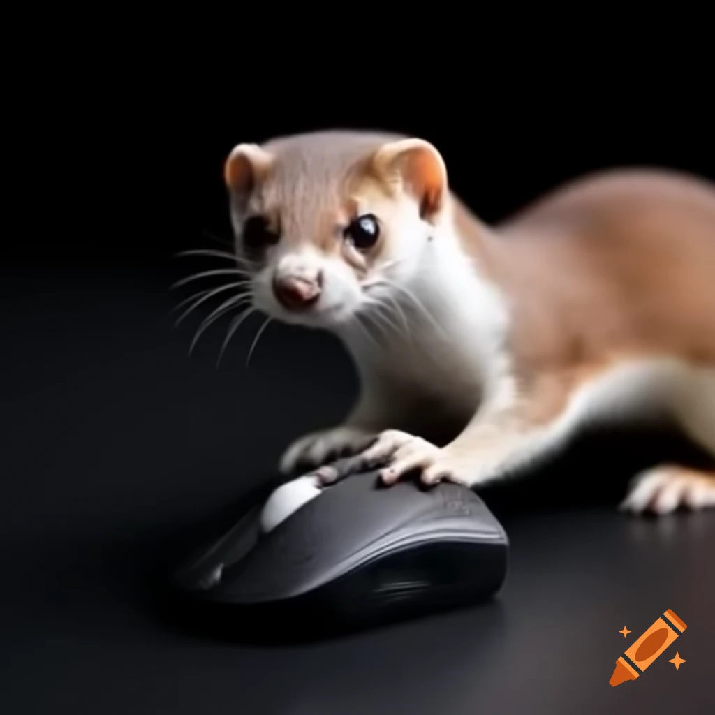 Ermine hunting a computer mouse in a whimsical graphic style on Craiyon