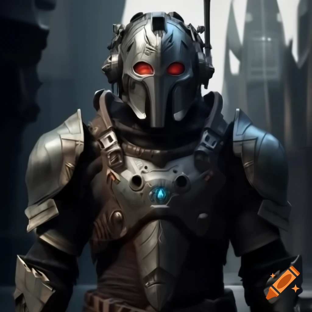 Man in sleek cyberpunk-medieval armor standing in gothic city on Craiyon
