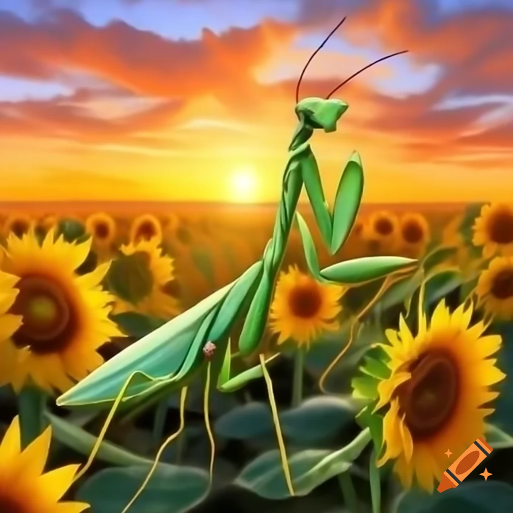 Praying mantis flying in sunflower field during vibrant sunset on Craiyon