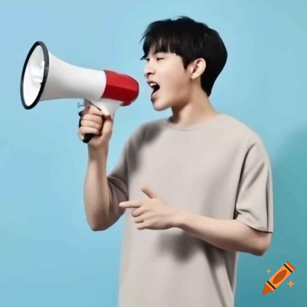 Young Asian men shopping with megaphone, full body view on Craiyon