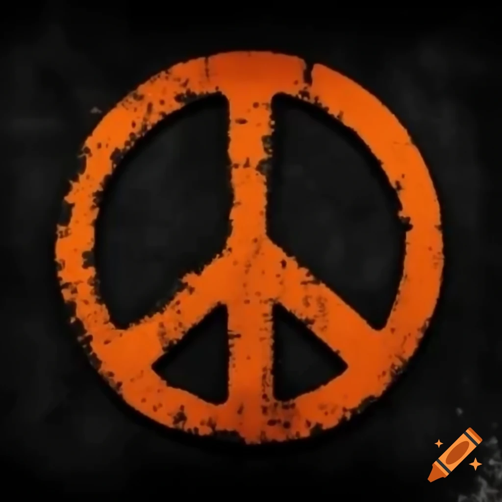 Grungy texture logo of orange peace sign in circle on black background ...