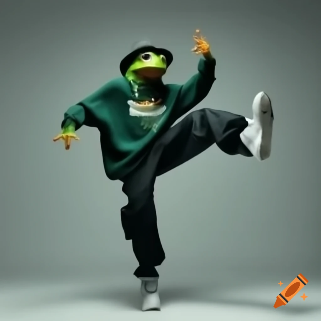 Cheerful frog in urban clothes performing hip-hop dance on Craiyon