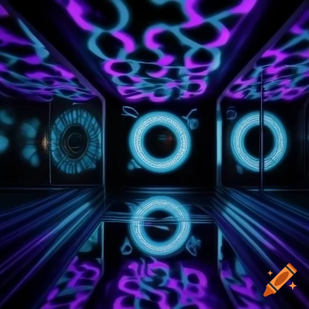 Mirrored room with glowing neon pocket watch reflections creating an ...