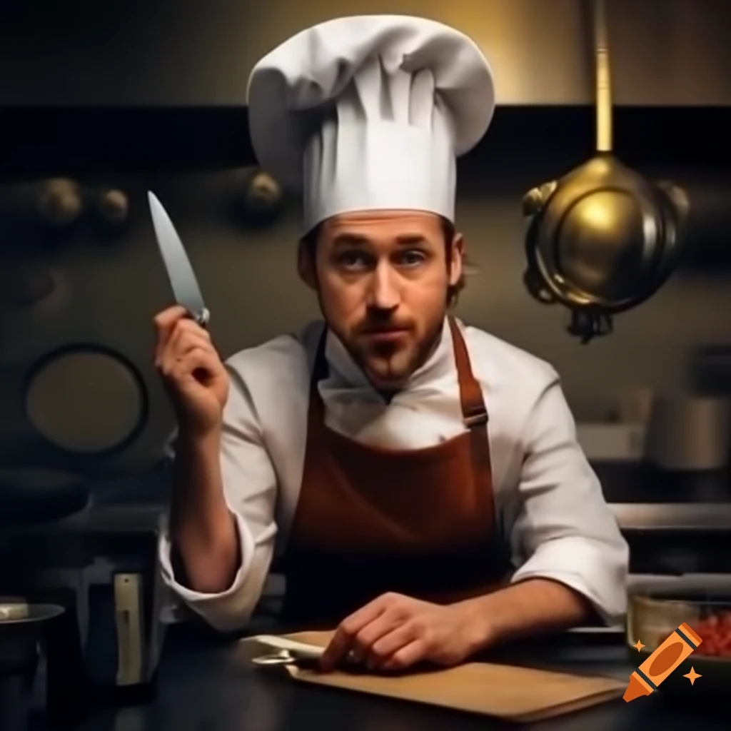 Famous actor Ryan Gosling as a chef in kitchen with mechanical hand on ...
