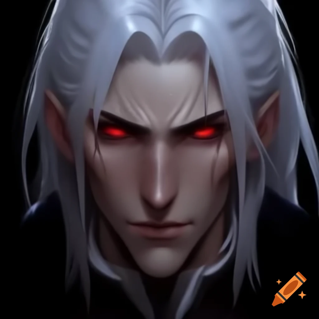 Handsome man with sharp features, long white hair, and red eyes on Craiyon