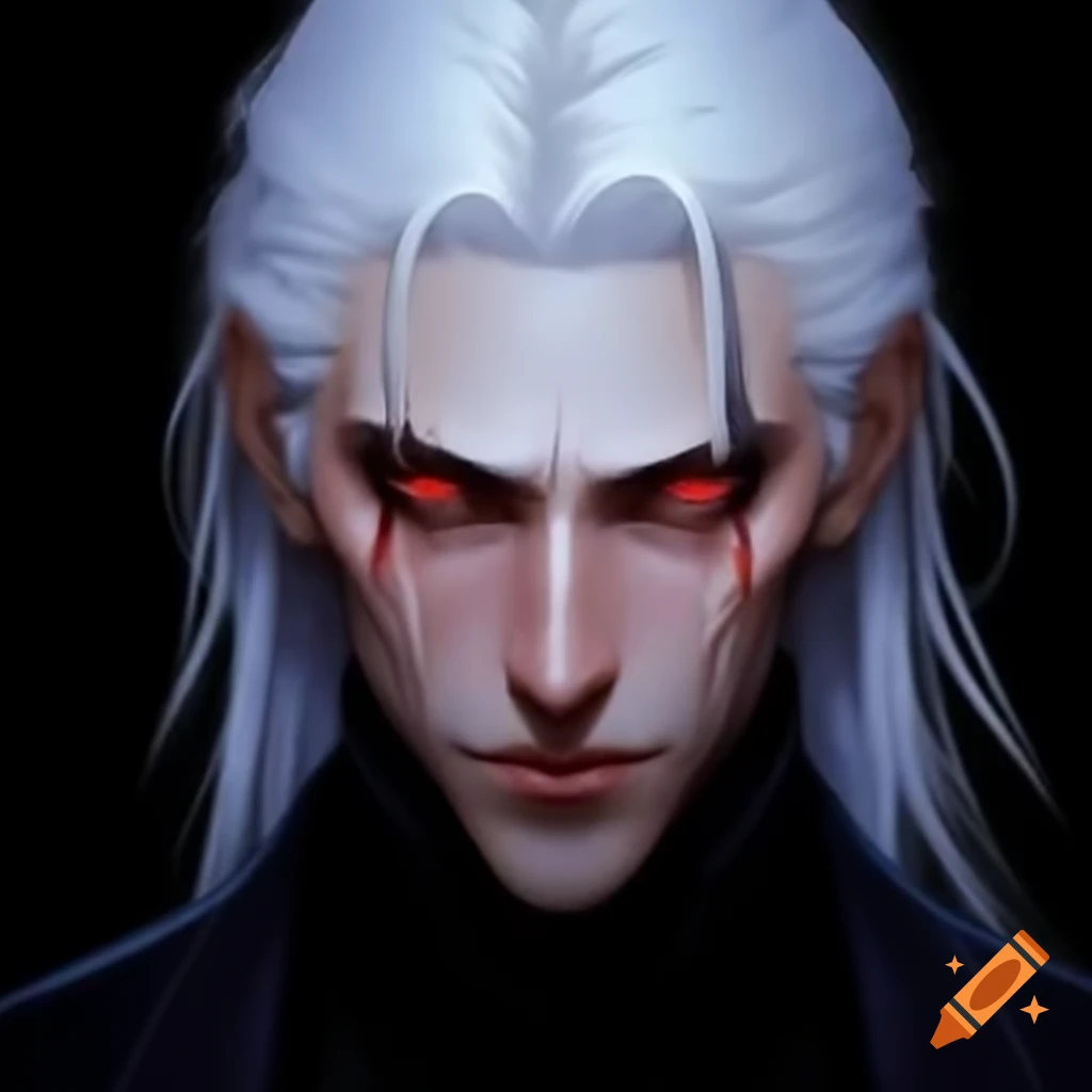 Handsome man with sharp features, long white hair, and red eyes on Craiyon