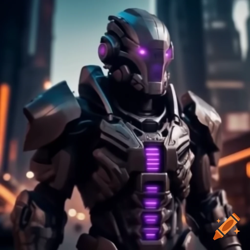 Cyberpunk engineer with purple implants and metal armor in neon ...