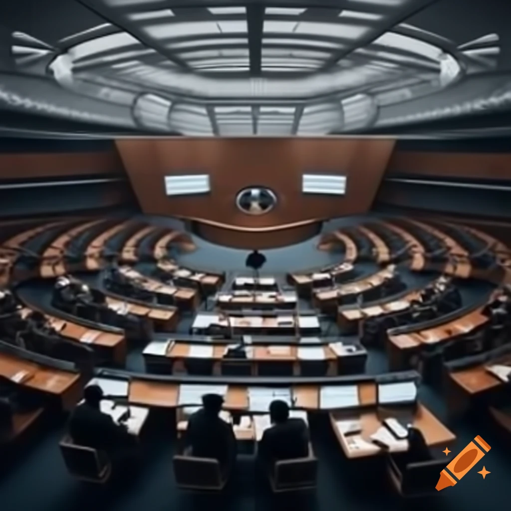 Futuristic courtroom featuring advanced central computer system and ...