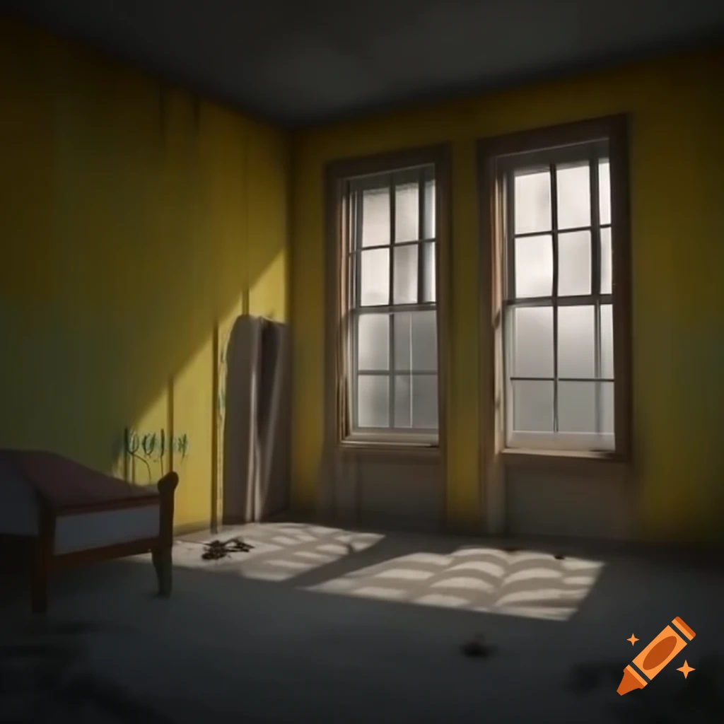 Empty room with peeling off-yellow wallpaper and barred windows on Craiyon