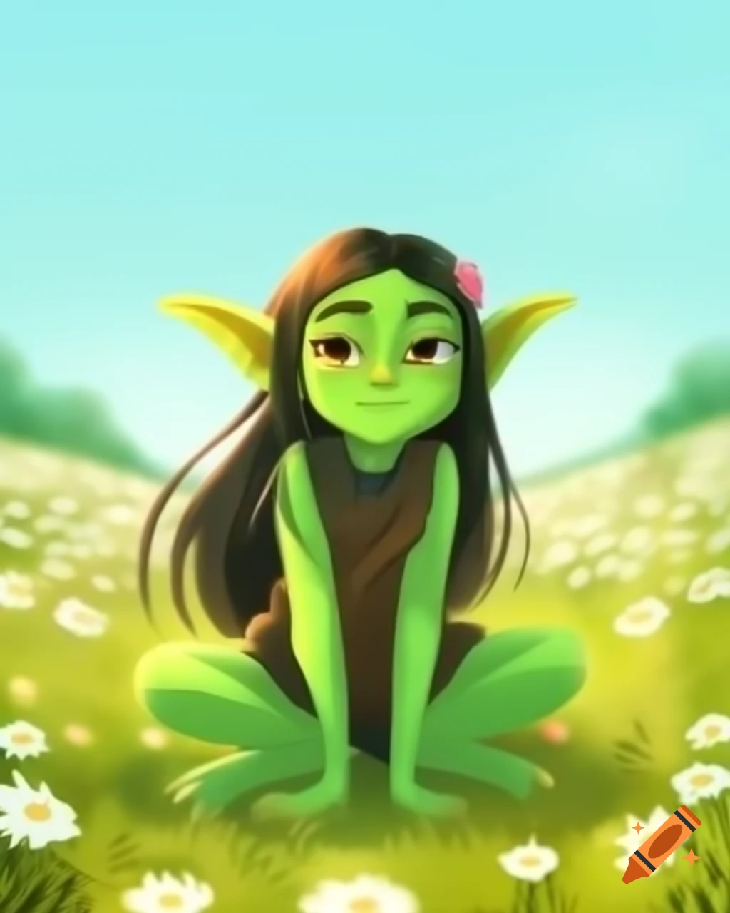 90s anime style goblin girl sitting in flower field on Craiyon