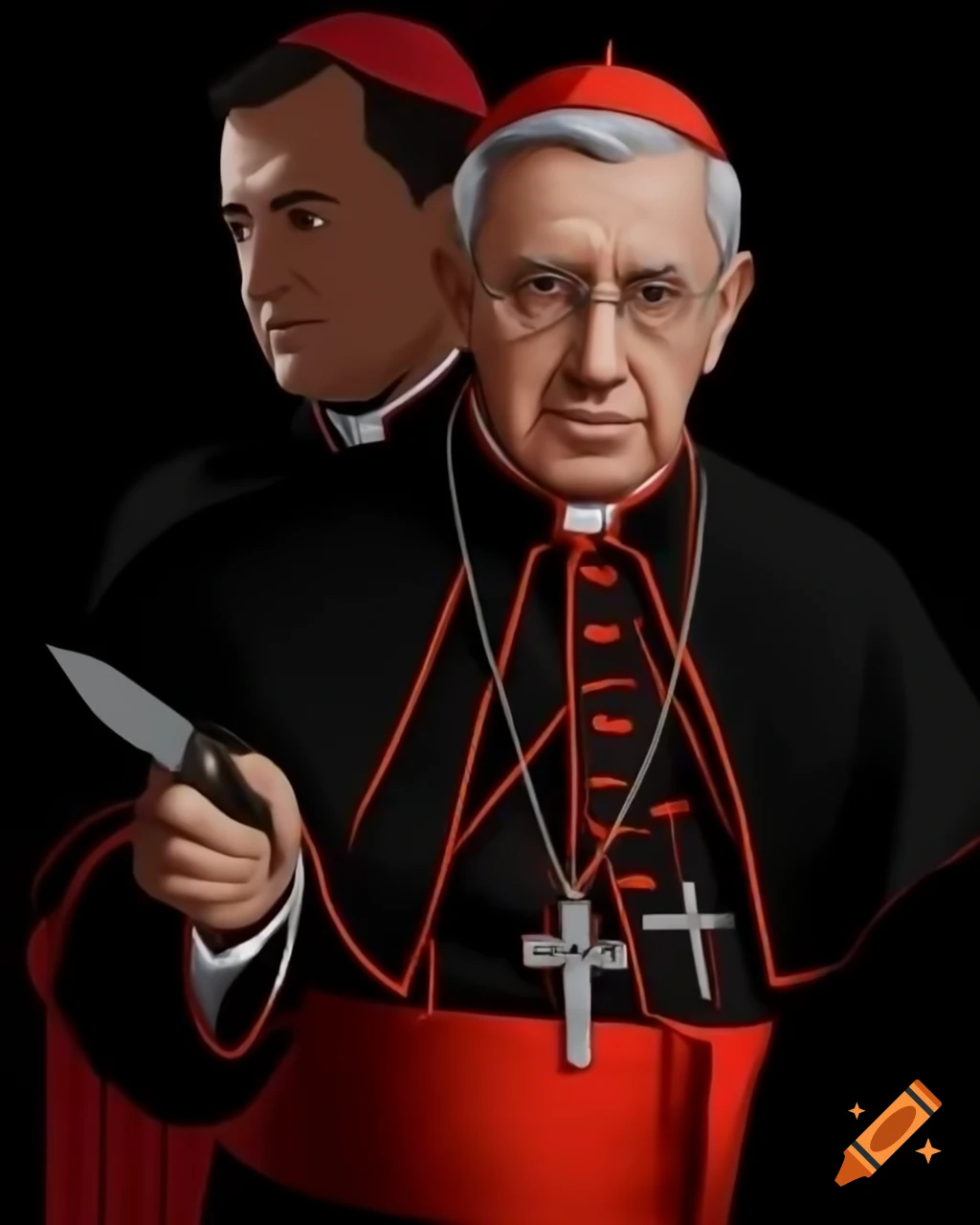 Cardinal in black cassock and red kipa with knife behind, digital art ...