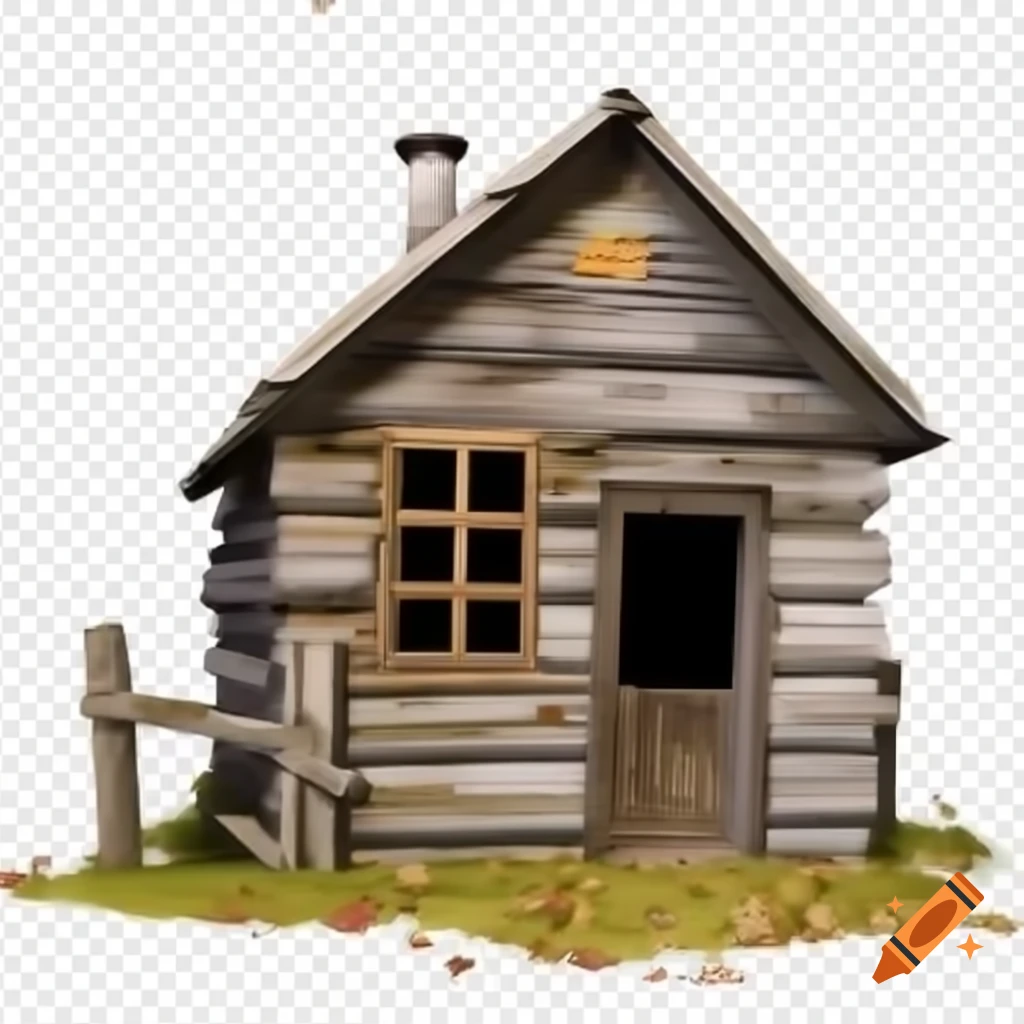 2D comedic cartoon of crooked wooden hut leaning with broken windows on ...