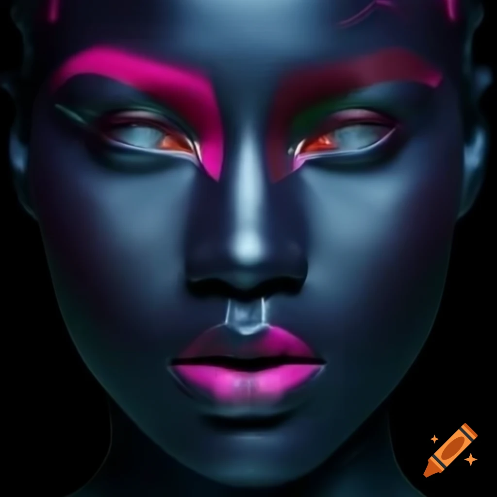 High-quality portrait of dark-skinned woman with neon haute couture makeup, dynamic lighting on ...