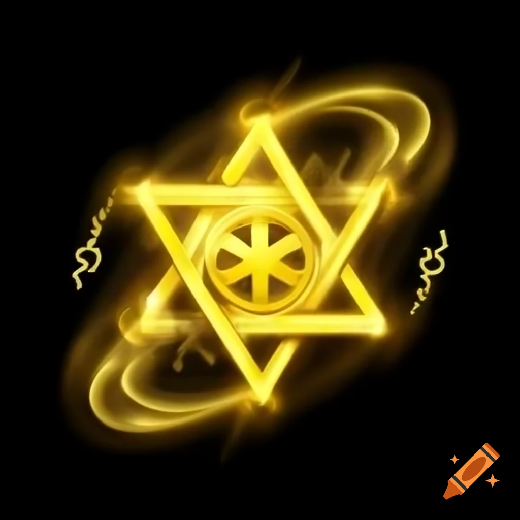 Shiny yellow magical symbol with runes resembling electrical design on ...