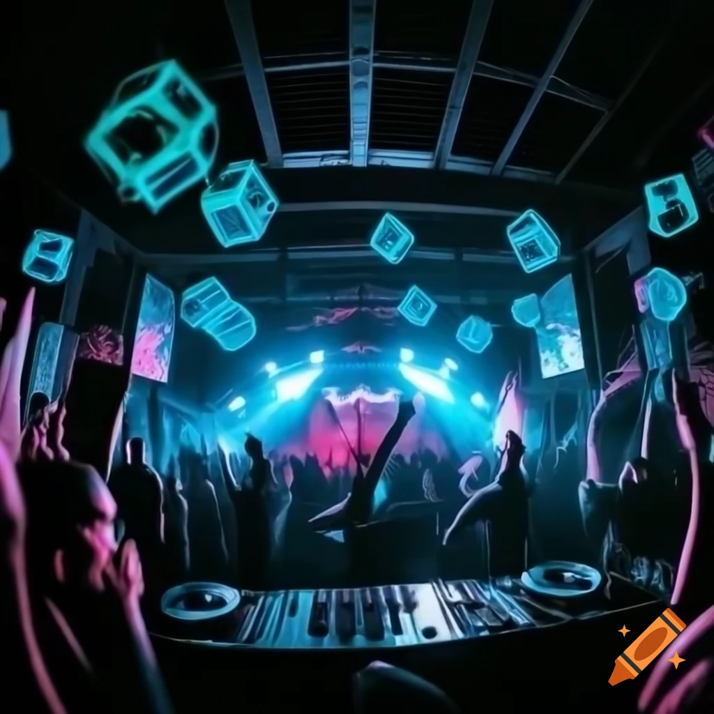 Neon-drenched night rave on an island with dancing crowds and laser ...