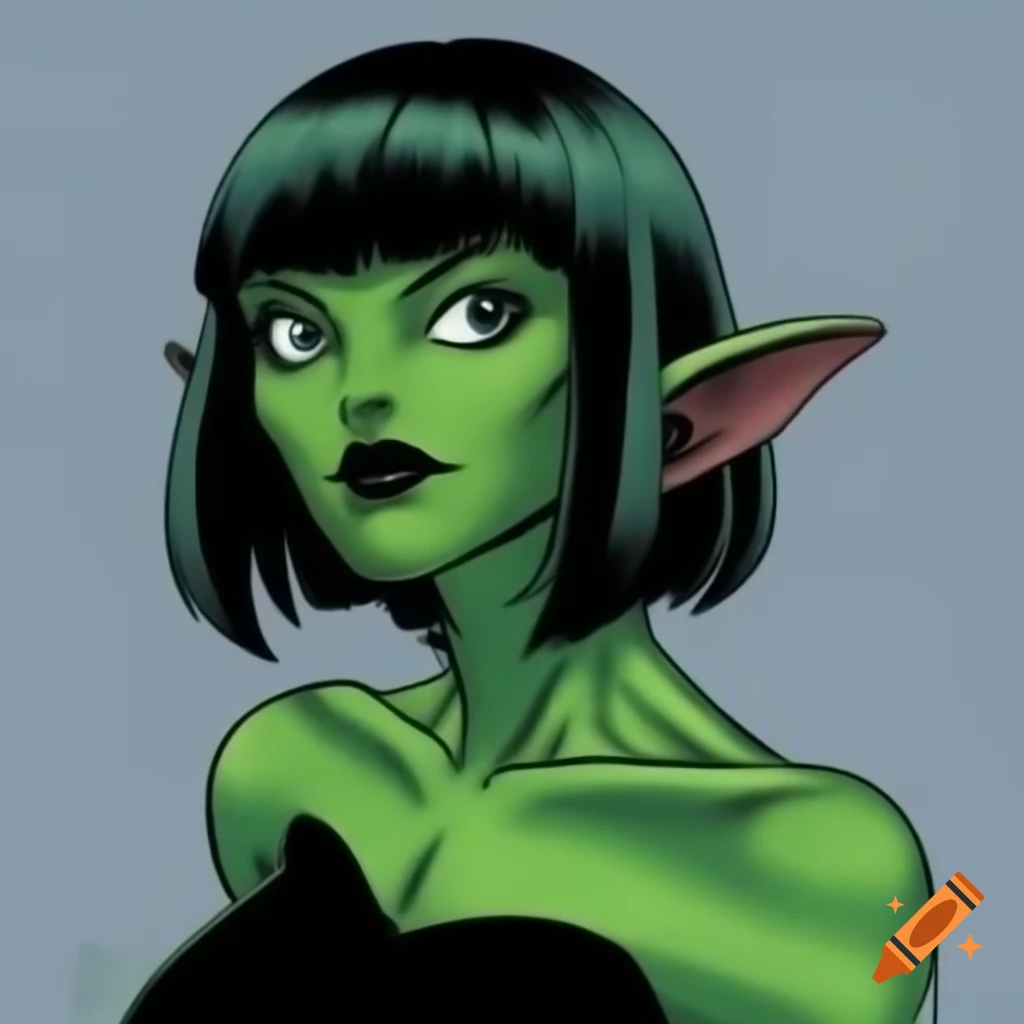 Comic-style illustration of female alien with green skin and sleek suit ...