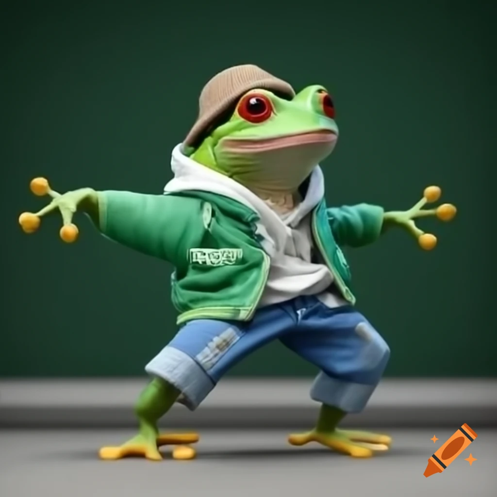 Cheerful frog in urban clothes performing hip-hop dance on Craiyon