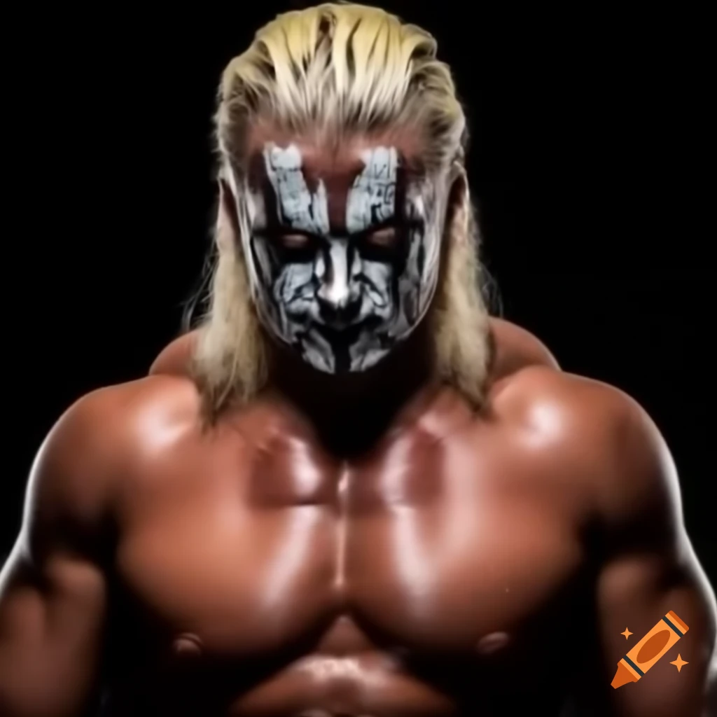 Muscular male wrestler with black face paint, intense stare, upper ...