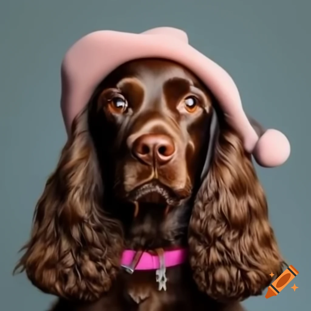 Dark brown cocker spaniel wearing a hat and pink collar on Craiyon